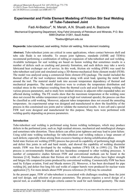 Pdf Experimental And Finite Element Modeling Of Friction Stir Seal