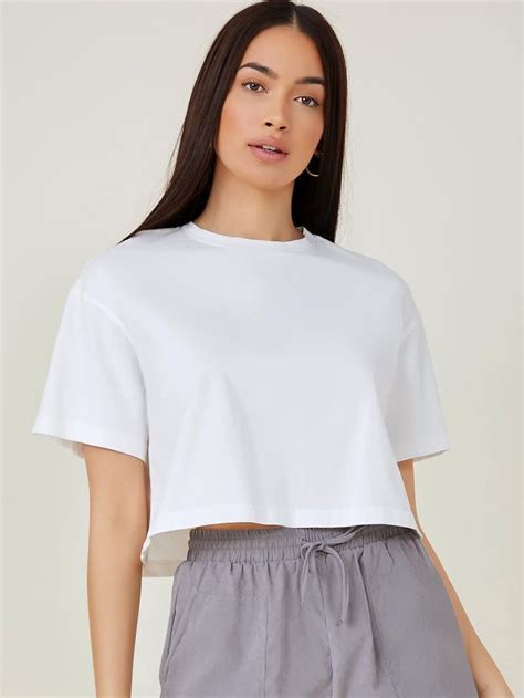 Drop Shoulder Solid Crop Tee Como Customizar Camisetas Femininas