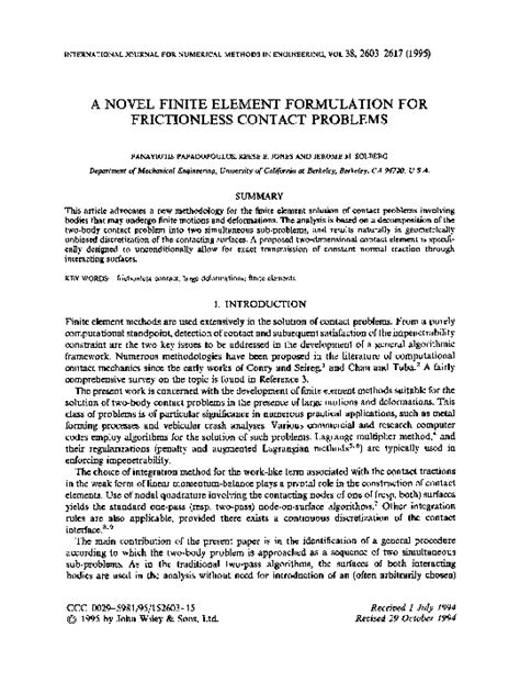 Pdf A Novel Finite Element Formulation For Frictionless Contact Problems