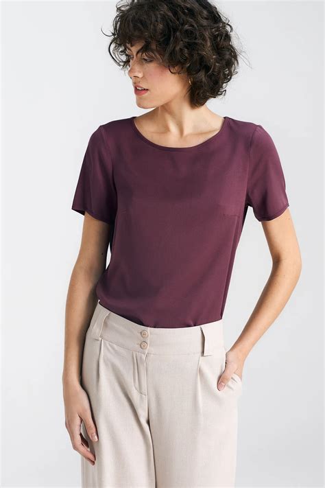 Bluzka Basic Z Krótkim Rękawem śliwkowy Nife Polska Marka Odzieżowa