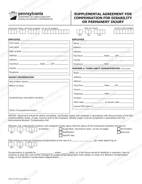 Pennsylvania Supplemental Agreement For Compensation For Disability Or