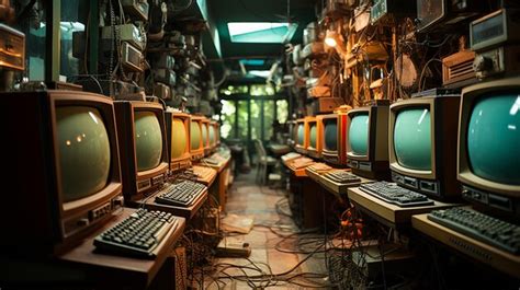 a visualization of an old computer lab with rows of vintage personal