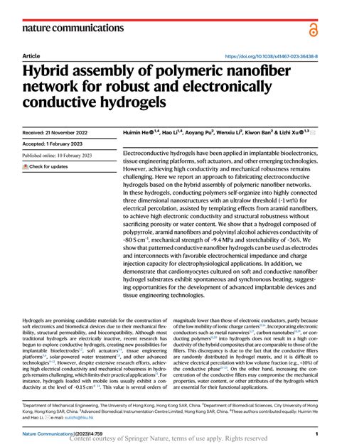 Pdf Hybrid Assembly Of Polymeric Nanofiber Network For Robust And Electronically Conductive