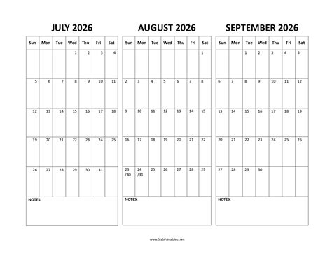 Printable July August September 2026 Calendar Quarter 3
