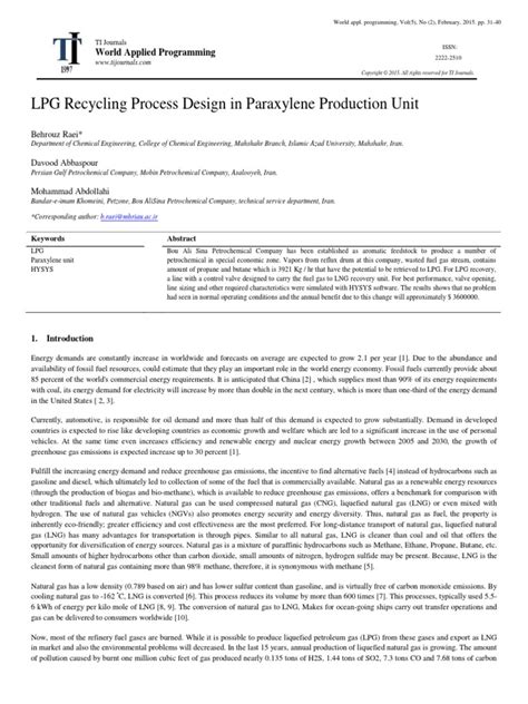 Pdf Lpg Recycling Process Design In Paraxylene Production Unit