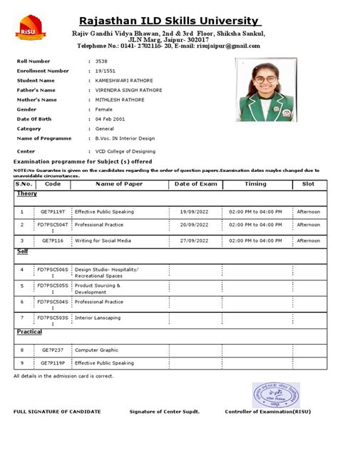 Admit Card Pdf