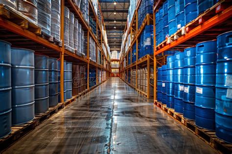 Rows Of Blue Chemical Storage Drums Lined Up In A Warehouse Stock Image