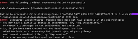 Failure To Compile To Exe LoadError ArgumentError Package Base Does Not Have Decimals In Its