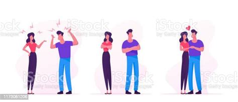 다툼 맹세와 사랑의 부부의 화해 남자와 여자는 물건을 밖으로 정렬 싸움 가족 생활 남편과 아내 사이의 스캔들 인간 관계를 사랑합니다 만화 플랫 벡터 일러스트 분노에 대한