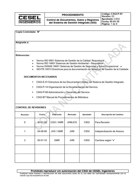 Csgi P 01 Control Docum Y Datos Del Sgi Ver 2 Descargar Gratis Pdf