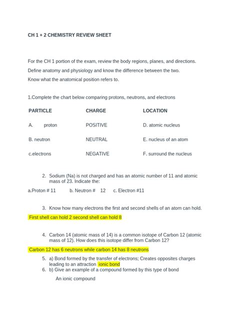 Ch 1 2 Chemistry Review Sheet Pdf