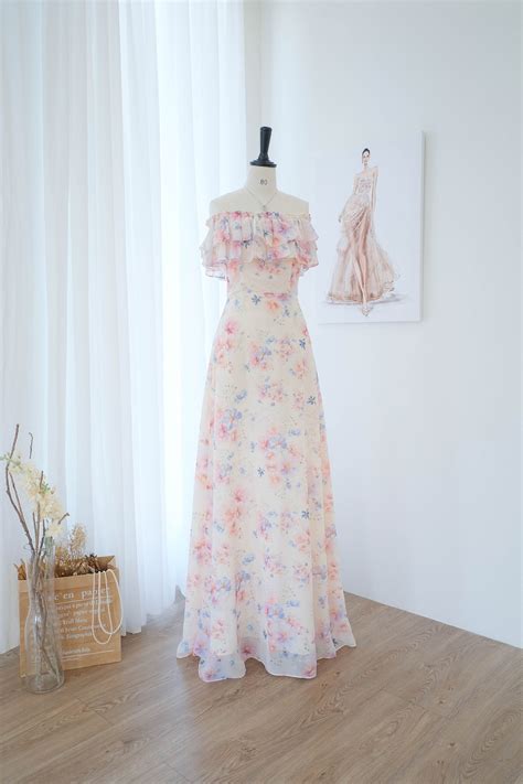Pale Yellow Floral Bridesmaid Maxi Dress Off Shoulder Party Prom