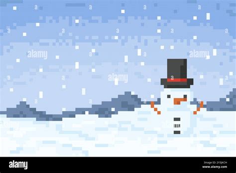 Snowman With Snowy Background In 8 Bit Style For Christmas Stock