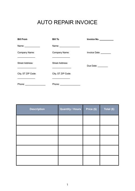 Auto Repair Invoice Template Free And Printable