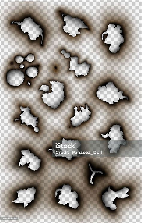 찢어진된 종이 찢어진 설정된 구멍 탄 및 투명 한 배경에서 불꽃 가장자리에 대한 스톡 벡터 아트 및 기타 이미지 가장자리