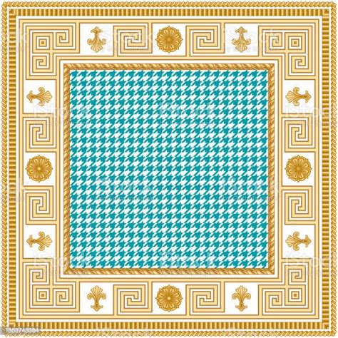 반다나 청록색과 흰색 닭 발 패턴 배경에 포켓 스퀘어 레인지 프린트 그리스 황금 평균 프리즈 꽃 골드 장식 케이블 프레임 브러쉬 팔레트에 패턴 브러쉬 4개 0명에 대한 스톡