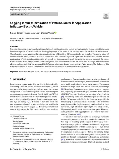 Pdf Cogging Torque Minimization Of Pmbldc Motor For Application In Battery Electric Vehicle