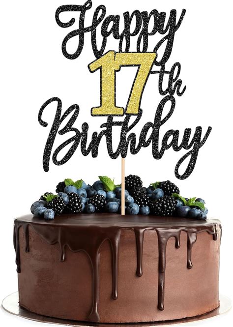 Happy 17th Birthday Cake Topper Black Gold Glitter Chile Ubuy