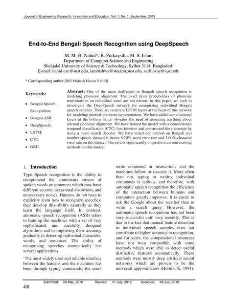 Pdf End To End Bengali Speech Recognition Using Deepspeech
