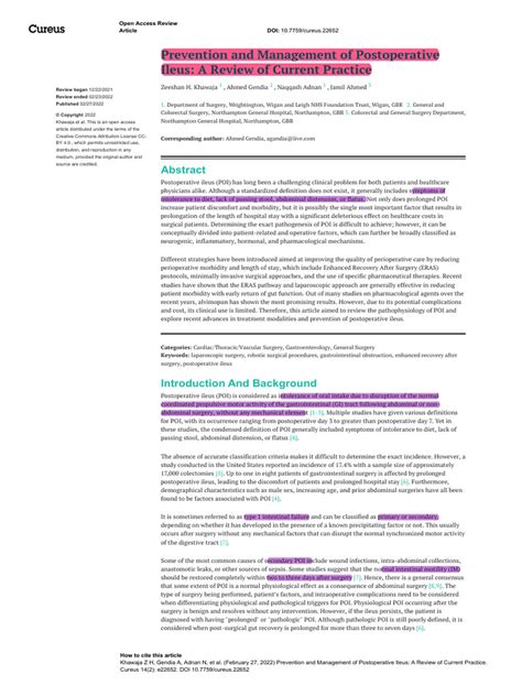 Prevention And Management Of Postoperative Ileus A Review Of Current Practice Pdf Surgery