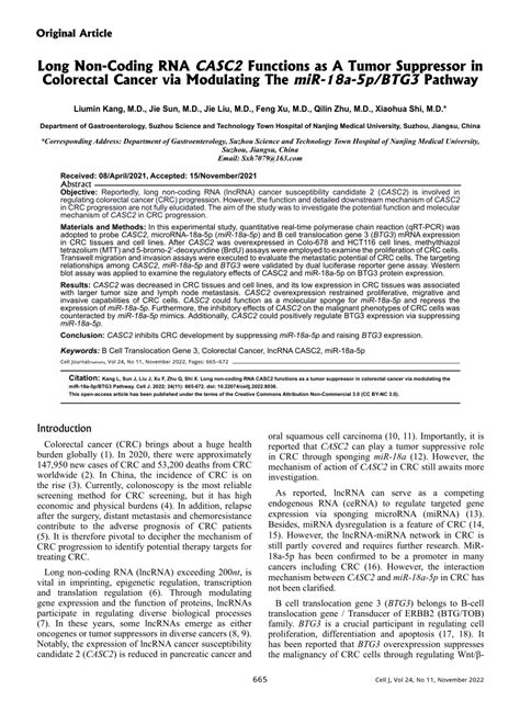 Pdf Long Non Coding Rna Casc2 Functions As A Tumor Suppressor In Colorectal Cancer Via