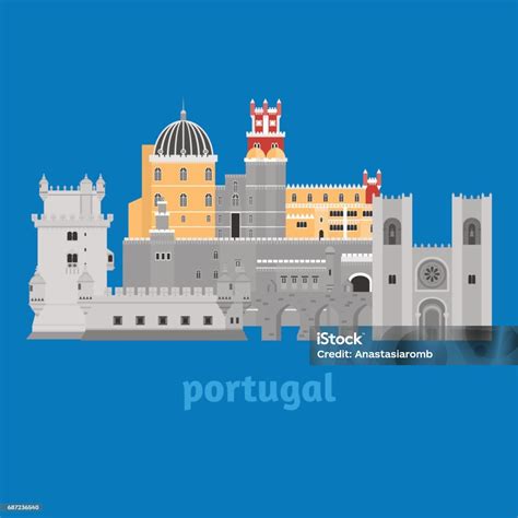 랜드마크 포르투갈 요소 여행 평면 건축과 아이콘 타워 벨렘 신트라 성 페 냐 궁전 자유의 수도교 건물 이름을 Aguas 리브레와 리스본 대성당 국가 포르투갈어 기호입니다