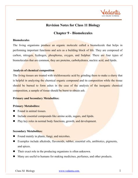 Revision Notes For Class 11 Biology Chapter 9 Biomolecules