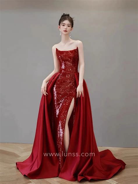 Strapless Red Sequin Split Dress With Satin Overskirt Lunss