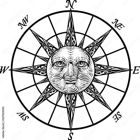 A Compass Rose With A Sun Face Drawing In A Vintage Etching Woodcut