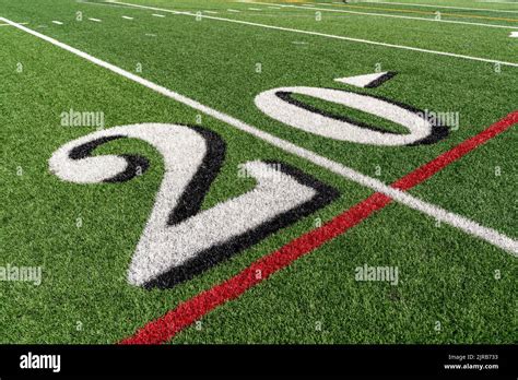 Synthetic Turf Football Field Twenty 20 Yard Line In White Stock