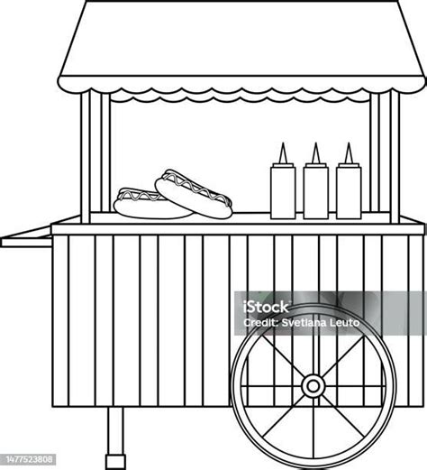 핫도그 패스트 푸드 길거리 음식 낙서 및 스케치 색칠하기 책이 있는 카트의 밝은 벡터 그림 가공육에 대한 스톡 벡터 아트 및 기타 이미지 Istock