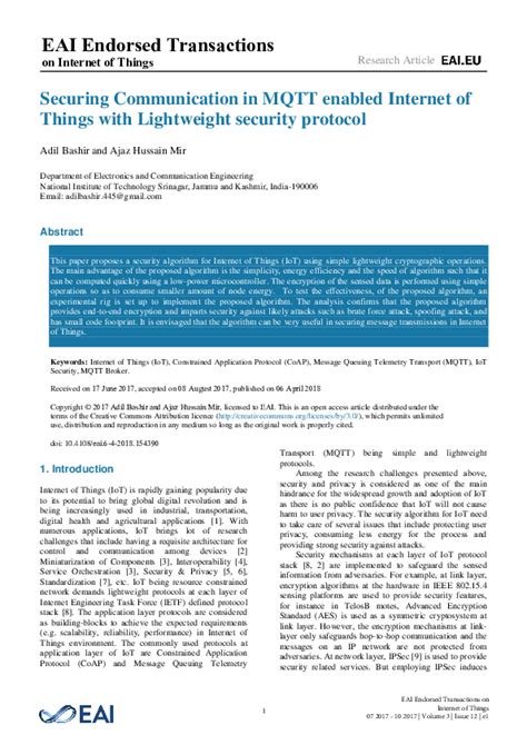 Pdf Securing Communication In Mqtt Enabled Internet Of Things With Lightweight Security