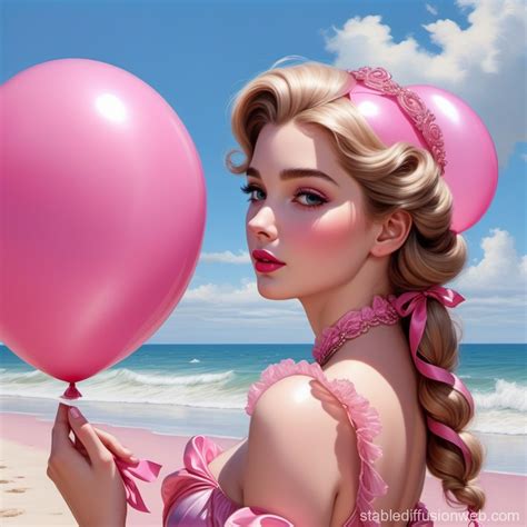 Elsa Pouting With Pink Balloon At Beach Stable Diffusion Online