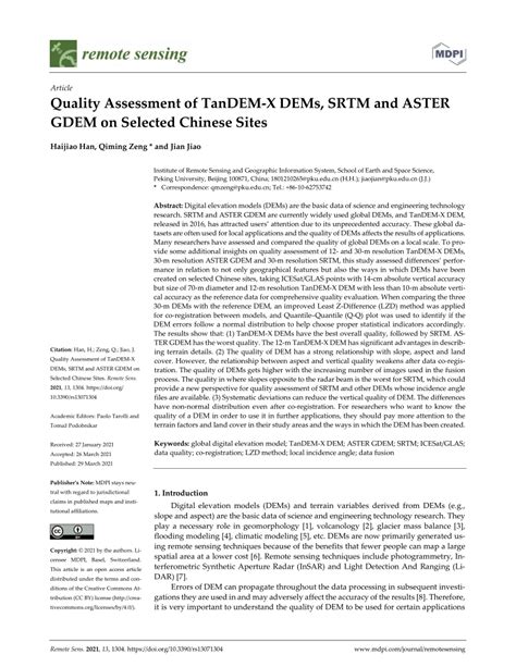 Pdf Quality Assessment Of Tandem X Dems Srtm And Aster Gdem On Selected Chinese Sites