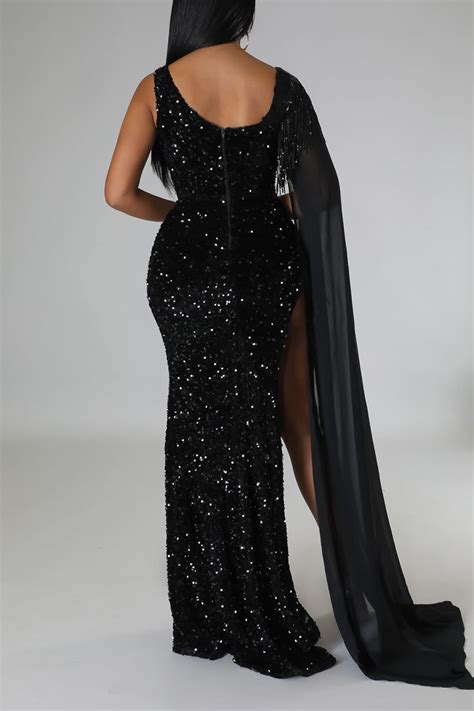 Wholesale Black Sexy Solid Tassel Sequins Patchwork Slit V Neck Evening