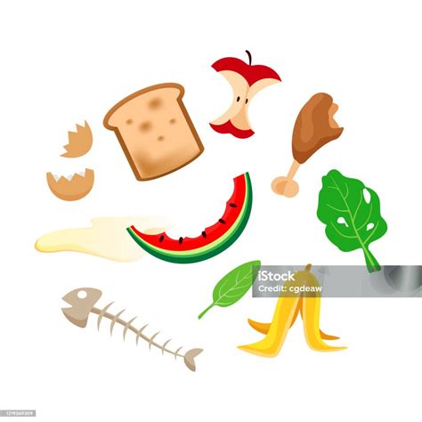 백색 배경에 고립 된 유기 식품 폐기물 유기 폐기물 야채 및 과일 쓰레기 유기 썩은 음식 쓰레기 세트 남은 음식에서 분리를위한 유기 폐기물 쓰레기 그림 쓰레기에 대한 스톡