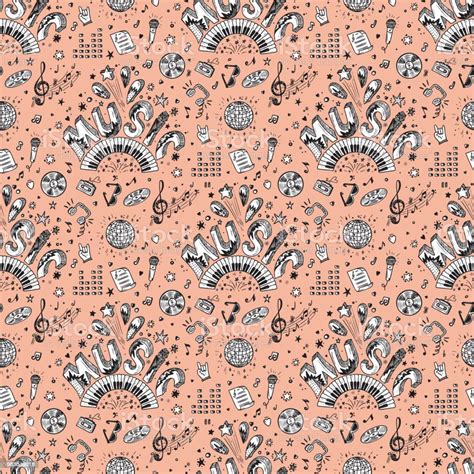 음악 배경 벡터 손으로 그린된 낙서 단어 음악 및 음악 기호 완벽 한 패턴입니다 1960 1969 년에 대한 스톡 벡터 아트 및 기타 이미지 1960 1969 년