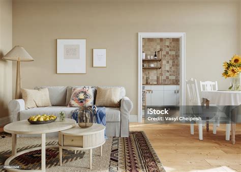 창문 베이지색 벽 단단한 나무 바닥 아늑한 가구 및 아름다운 장식 3d 렌더링이 있는 부드러운 뉴트럴 톤의 거실 스칸디나비아 인테리어 디자인 0명에 대한 스톡 사진 및 기타