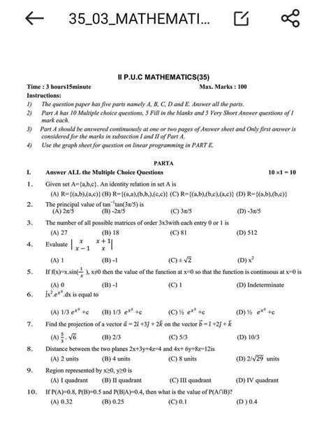 3503mathemati ∞ Ii Puc Mathematics35 Time 3 Hours15minute Ma