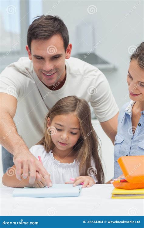 Father Helping His Babe To Draw Stock Photo Image Of Brunette