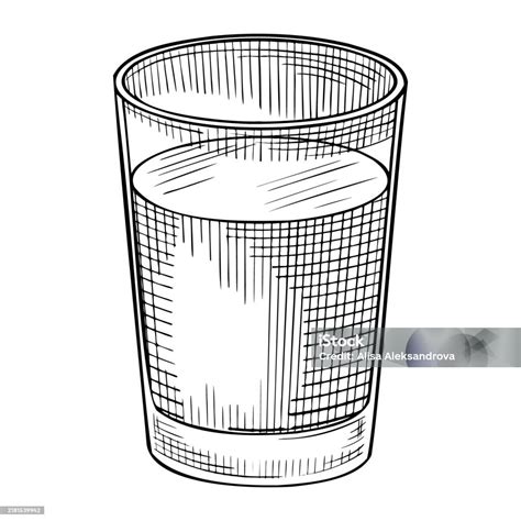 윤곽선 스타일에 검은 잉크로 그려진 물 한 잔의 벡터 그림 고립된 배경에 음료 또는 액체를 위한 투명한 명확한 콘테이너의 선형 그림 요리책용 에칭 0명에 대한 스톡 벡터