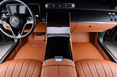 Brown Luxury Hexagon Honeycomb Custom Fitted Premium Leather Car Floor