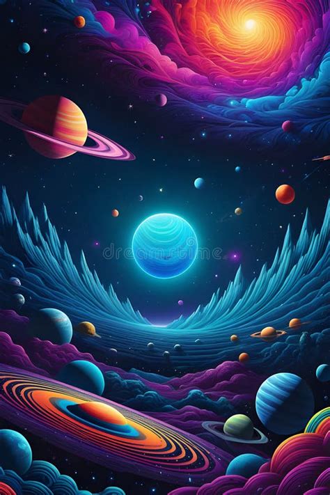 An Aesthetic Outter Space With Beautiful Planets And Landscape Cartoon Style Digital Art