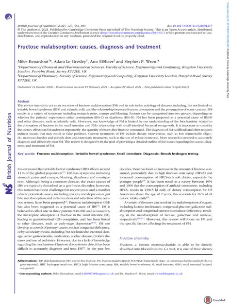 Fructose Malabsorption Causes Diagnosis And Treatment Pdf