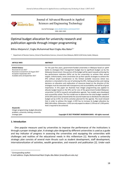 Pdf Optimal Budget Allocation For University Research And Publication Agenda Through Integer