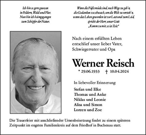Traueranzeigen Von Werner Reisch Vrm Trauerde