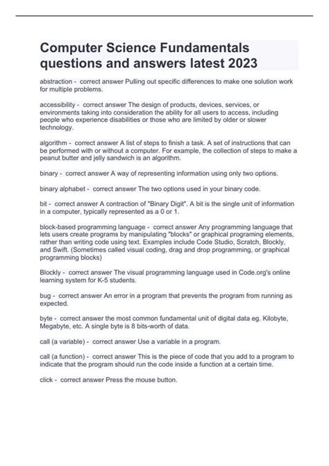 Computer Science Fundamentals Questions And Answers Correctly Solved 2024 Computer Science