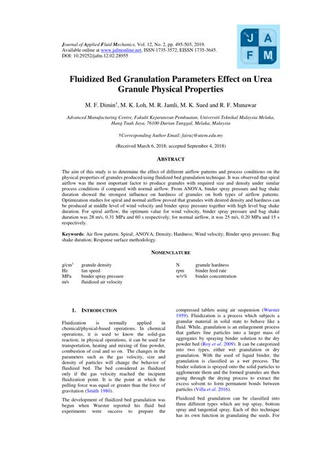 Pdf Fluidized Bed Granulation Parameters Effect On Urea Granule Physical Properties