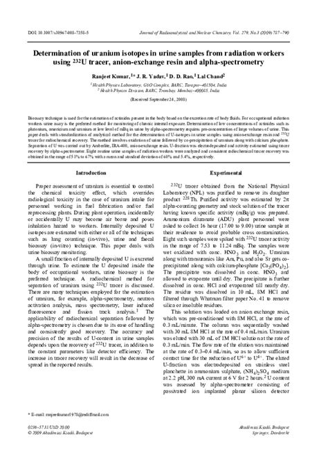 Pdf Determination Of Uranium Isotopes In Urine Samples From Radiation Workers Using 232u