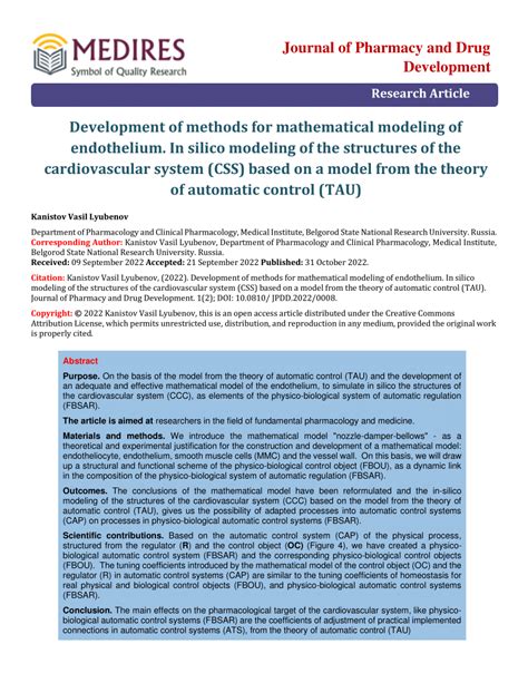 Pdf Development Of Methods For Mathematical Modeling Of Endothelium